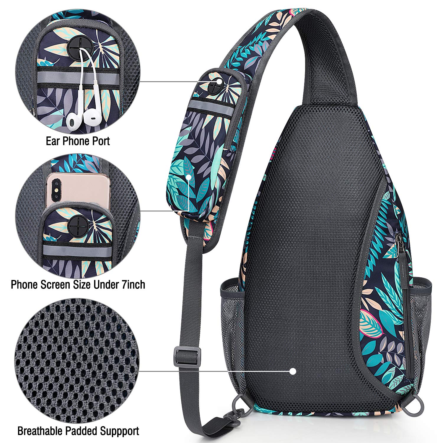 G4Free Sling Bag RFID Blocking Sling Backpack Crossbody Chest Bag Daypack for Hiking Travel(Blue Leaf)