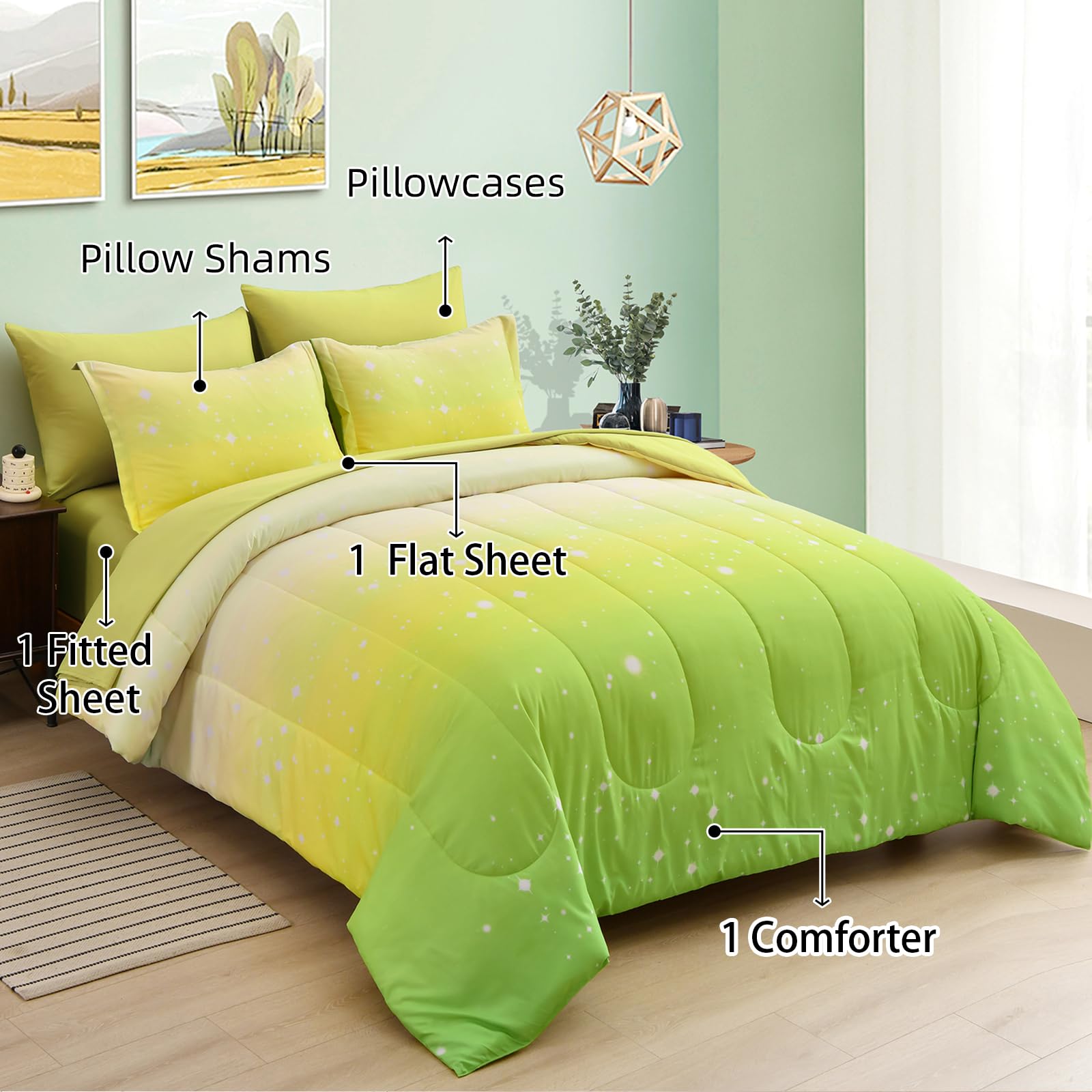 Drucon Girls Comforter Set Twin, 6 Pieces Bed in a Bag Gradient Yellow Comforter Soft Microfiber Bedding Set Twin Size(1 Comforter, 1 Flat Sheet, 1 Fitted Sheet, 1 Pillow sham, 2 Pillowcases)