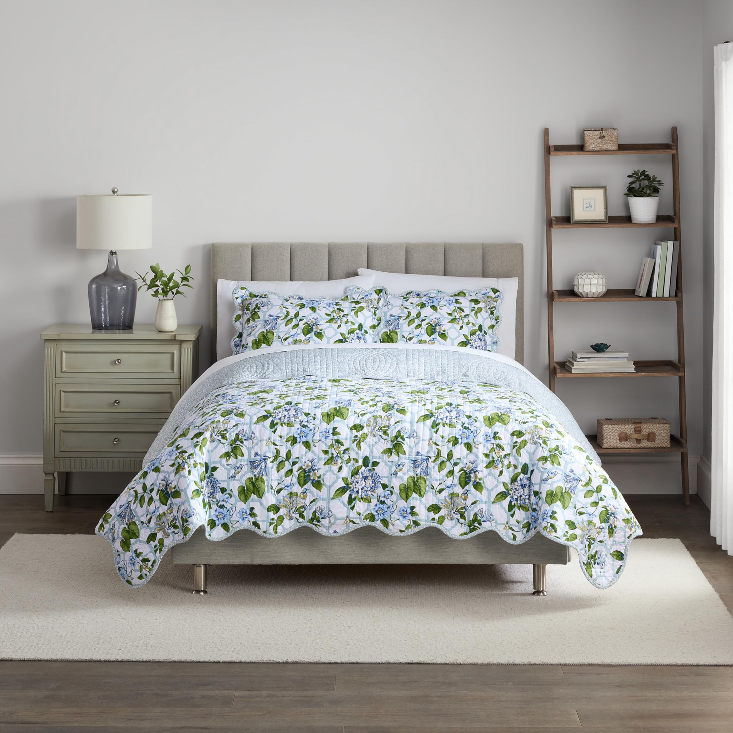 Waverly Grand Arbor Printed 3 Piece Cotton Bedspread Set, Luxurious All Season Bedding Set, Includes Bedspread and 2 Pillow Shams, Machine Washable King Bed Set, Blue