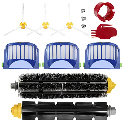 FETIONS Replacement Parts fit for i-Robot Room-ba 600 Series 614 618 620 630 640 650 660 675 680 685 690 692 694 695 Vacuum Cleaner Replenishment Kit- Includes 3 Filter, 3 Side Brush &1 Bristle Brush