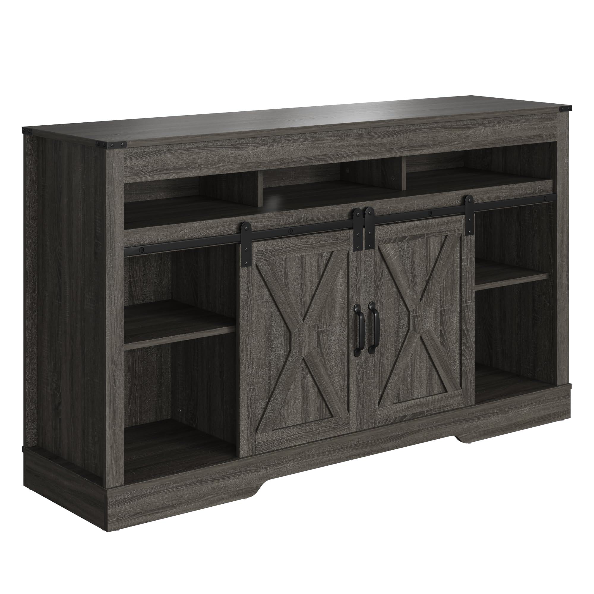 HEYNEMO Modern Farmhouse TV Stand for Televisions up to 65 Inch with Two Sliding Barn Doors and Storage Cabinets, Entertainment Center Console Table with Adjustable Shelves for Living Room Bedroom