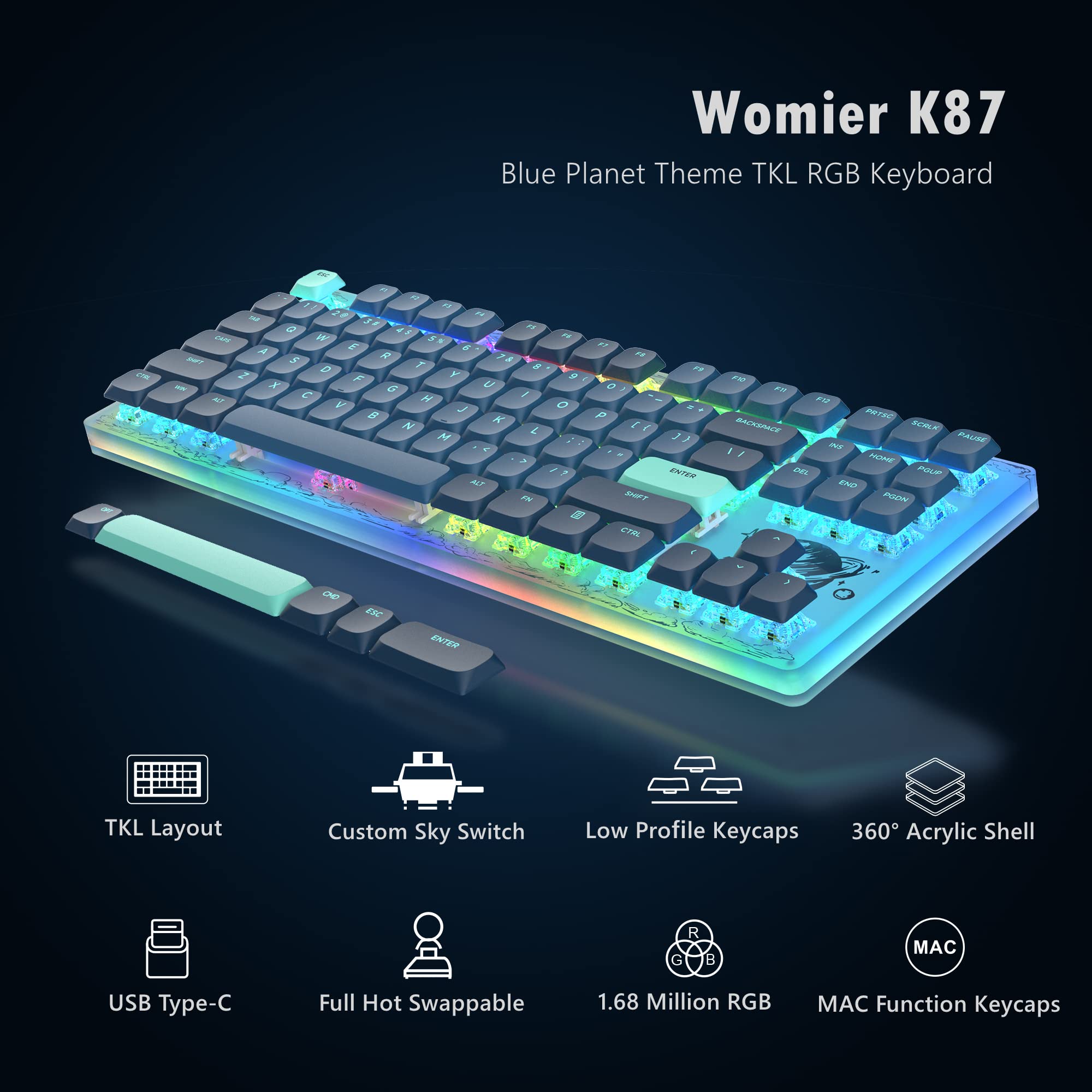 Womier K87 75% Keyboard, TKL Mechanical Keyboard, Hot Swappable Mechanical Gaming Keyboard, RGB 87 Keys Planet Theme Keyboard for Win/Mac/PC, Pro Driver/Software Supported (Linear Sky Switch)