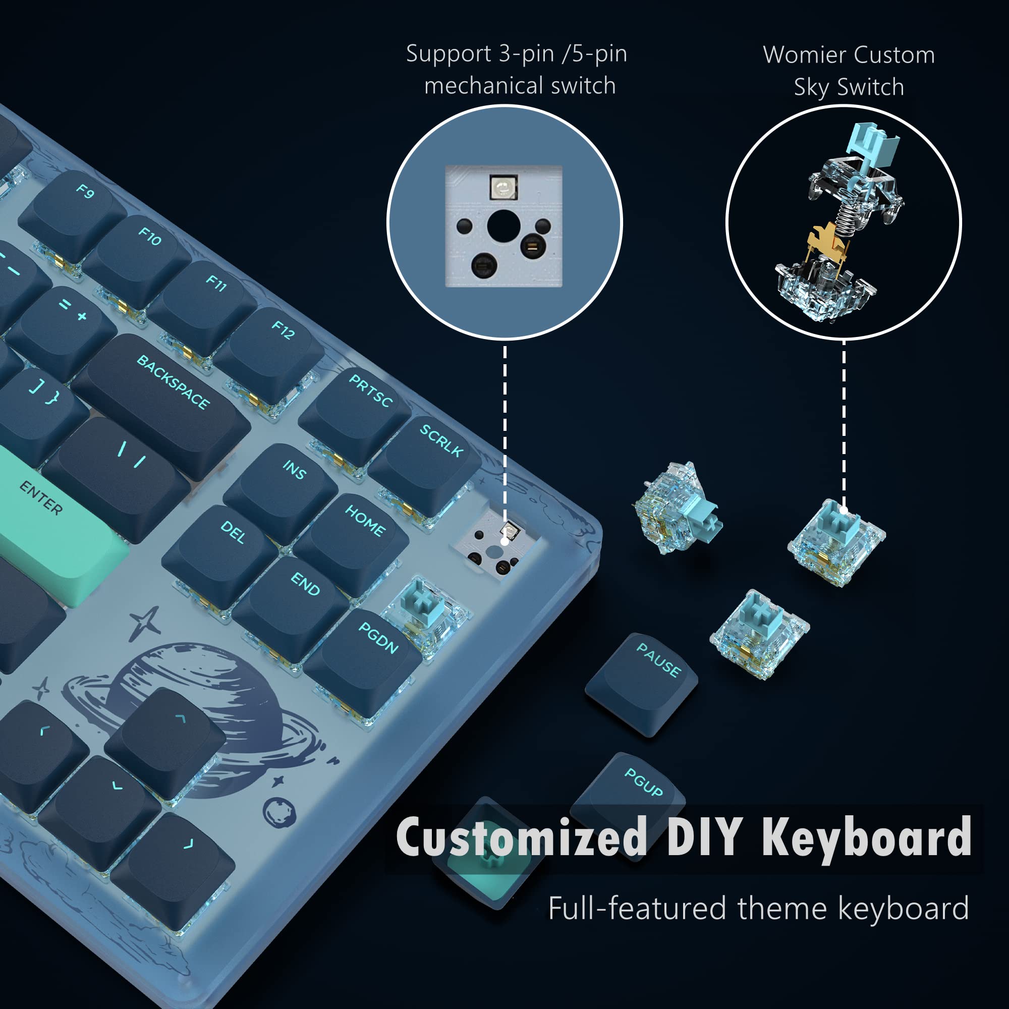Womier K87 75% Keyboard, TKL Mechanical Keyboard, Hot Swappable Mechanical Gaming Keyboard, RGB 87 Keys Planet Theme Keyboard for Win/Mac/PC, Pro Driver/Software Supported (Linear Sky Switch)