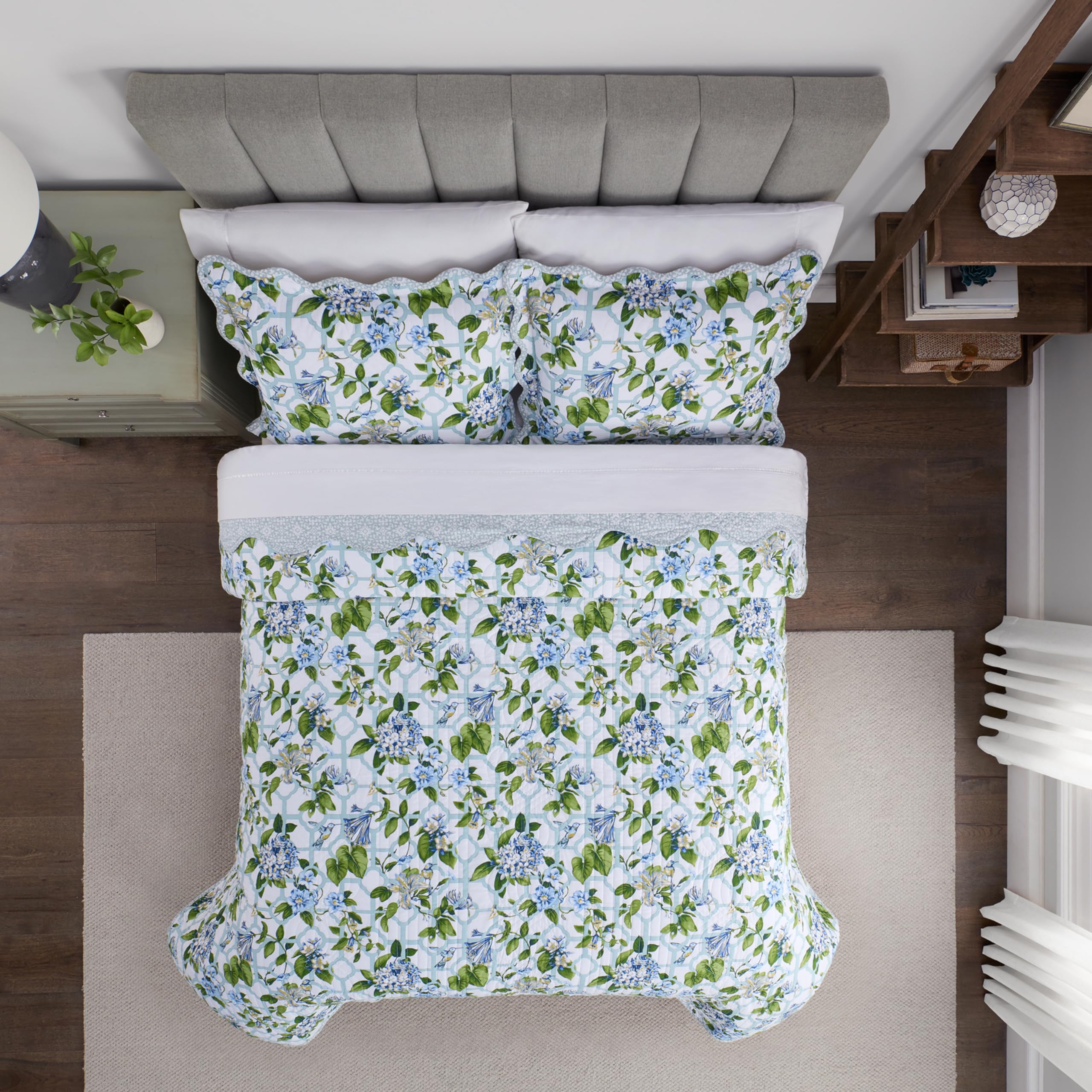 Waverly Grand Arbor Printed 3 Piece Cotton Bedspread Set, Luxurious All Season Bedding Set, Includes Bedspread and 2 Pillow Shams, Machine Washable King Bed Set, Blue