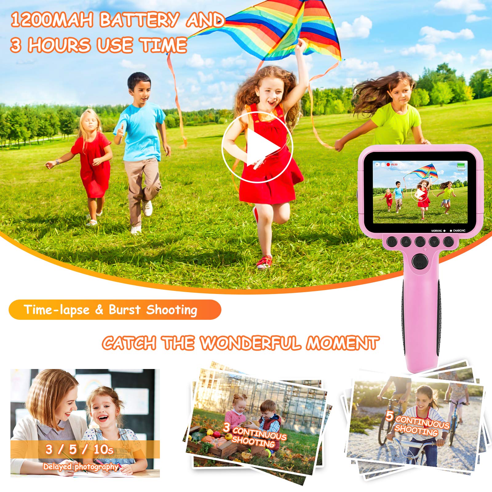 Kids Camera, iMoway Waterproof Video Cameras for Kids HD 1080P Kids Digital Cameras Camcorder with 16GB Memory Card, Card Reader and Floating Hand Grip (Pink)