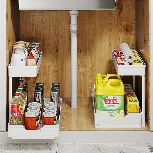 Under Sink Organizers and Storage Mezdbrud Kitchen Sink Organizer 2 Tier Load Pull-out Under Sink Shelves with Sliding Drawer Multi-Purpose Under the Sink Organizer for Kitchen Bathroom (White)