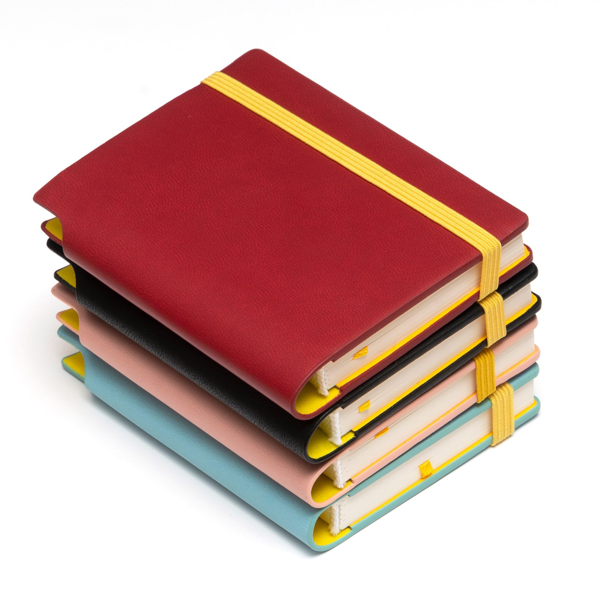 Fdesign A7 Mini Notebook Set, 4 Pack, Pocket Notebook, Thermo Leather Hard Cover, 2.9" x 4.1", 96 Sheets, 80 gr ivory plain papers, 4 Colors (red+black+pink+blue)