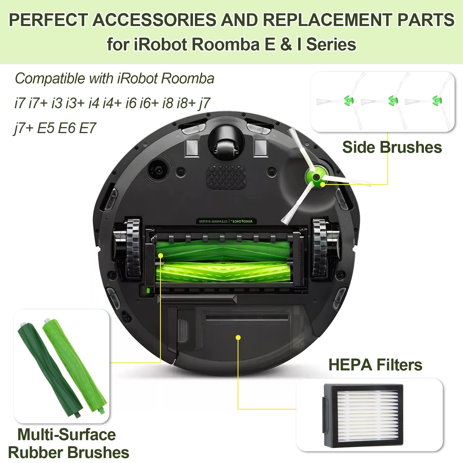 ZOCONE Replacement Parts accessories Compatible for iRobot Roomba E I & J Series E5 E6 E7 i7 i7+ i6 i6+ i4 i4+ i3 i3+ i2 i1 i1+, 1 Set Multi-Surface Rubber Brush, 5 Side Brushes and 5 HEPA Filters