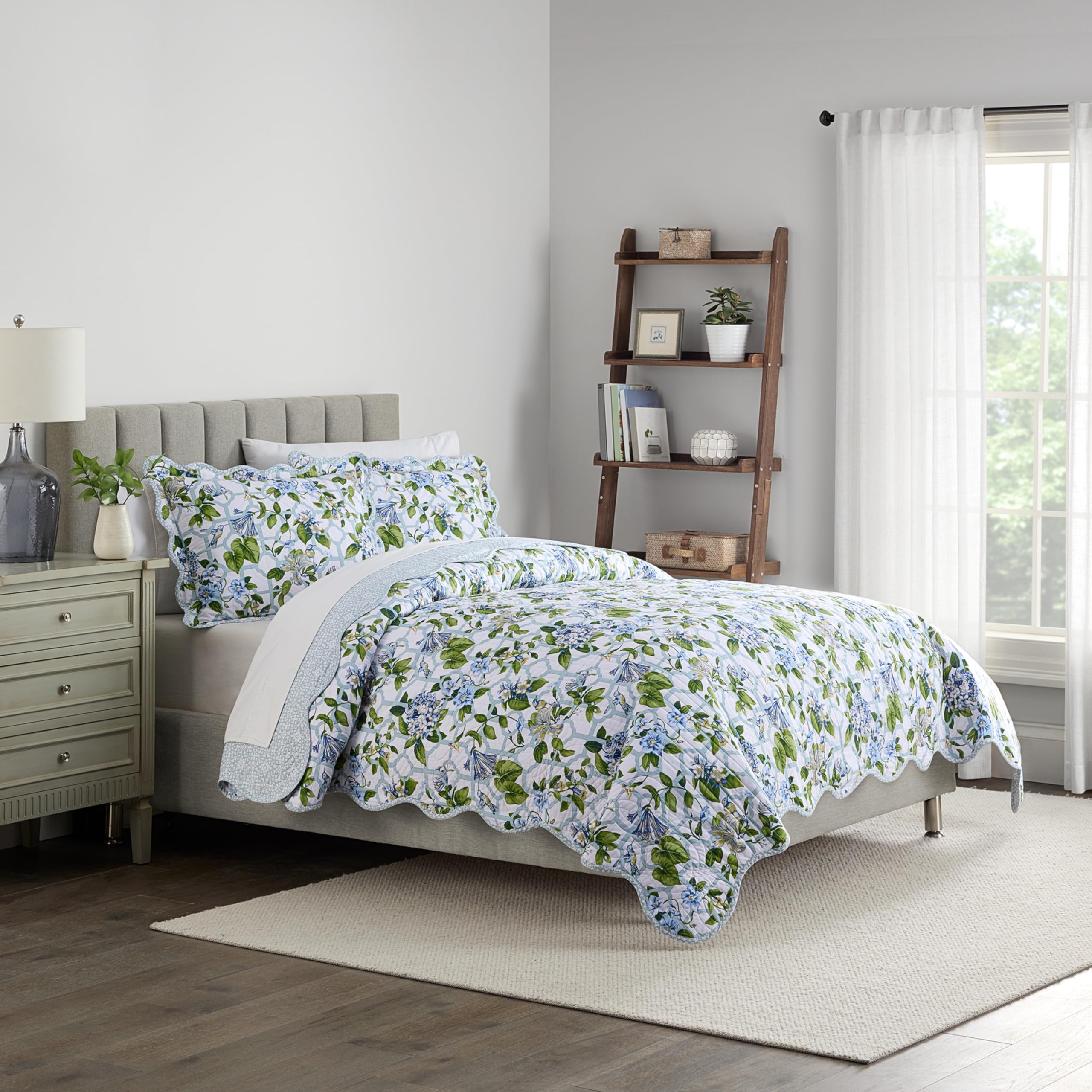 Waverly Grand Arbor Printed 3 Piece Cotton Bedspread Set, Luxurious All Season Bedding Set, Includes Bedspread and 2 Pillow Shams, Machine Washable King Bed Set, Blue