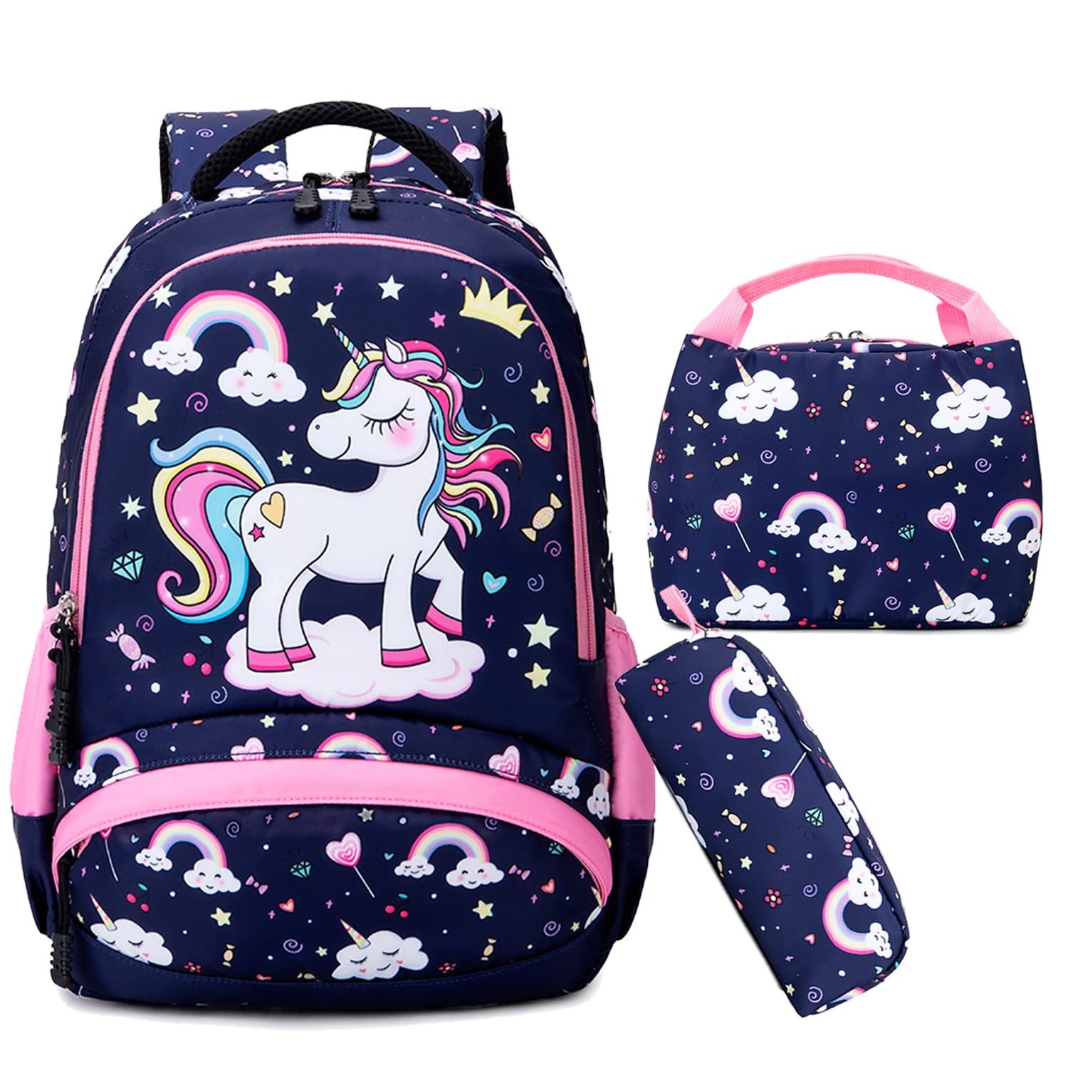 Unicorn Backpack for Girls School Backpack for Girls Water Resistant Unicorn Bookbag Girls Backpacks School Bag 3 Piece Set with Insulated Tote Lunch Bag and Pencil Case