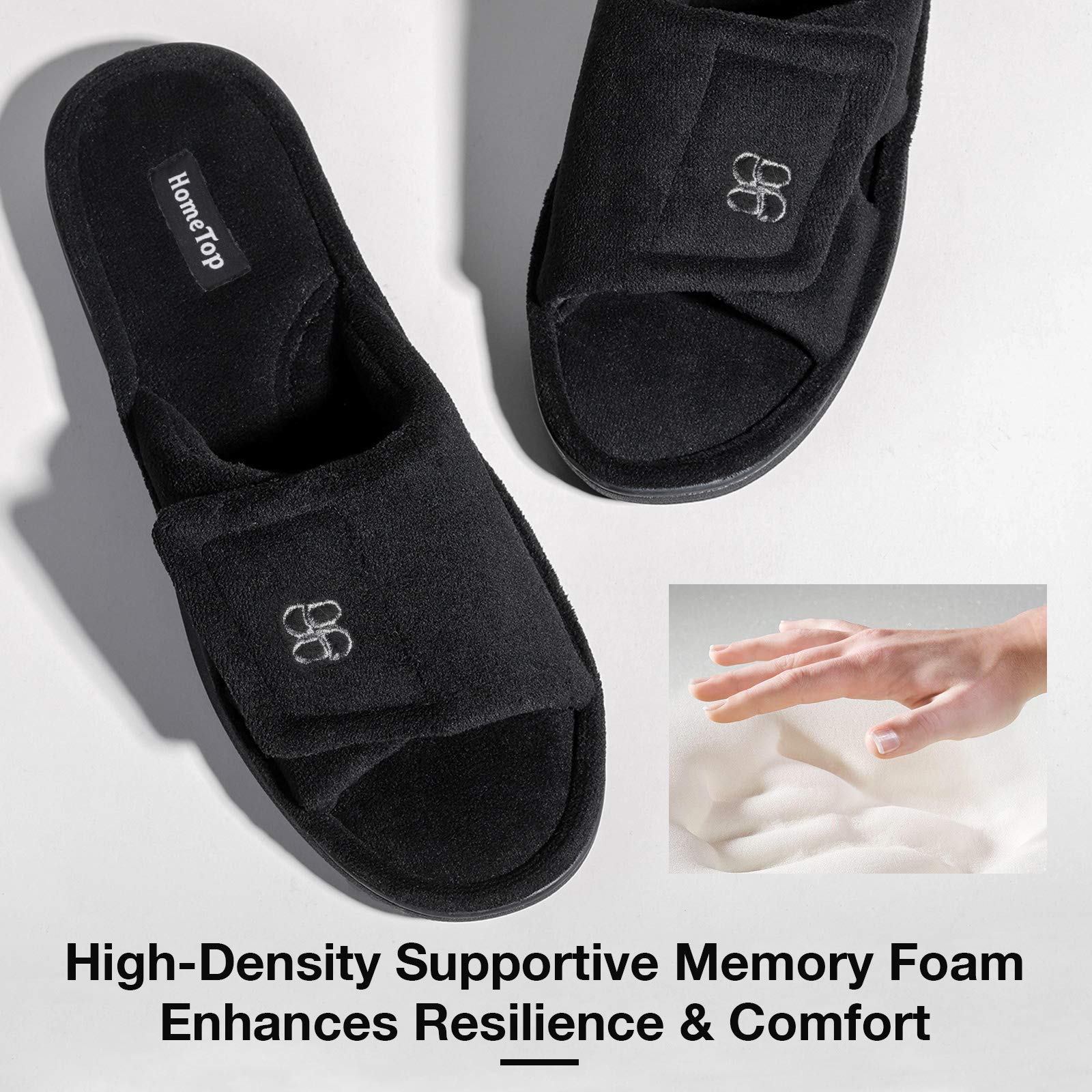HomeTop Men's Comfortable Coral Velvet Memory Foam Open Toe Slipper Summer Indoor Outdoor Anti-Skid House Shoes with Adjustable Hoop and Loop(11-12, Black)