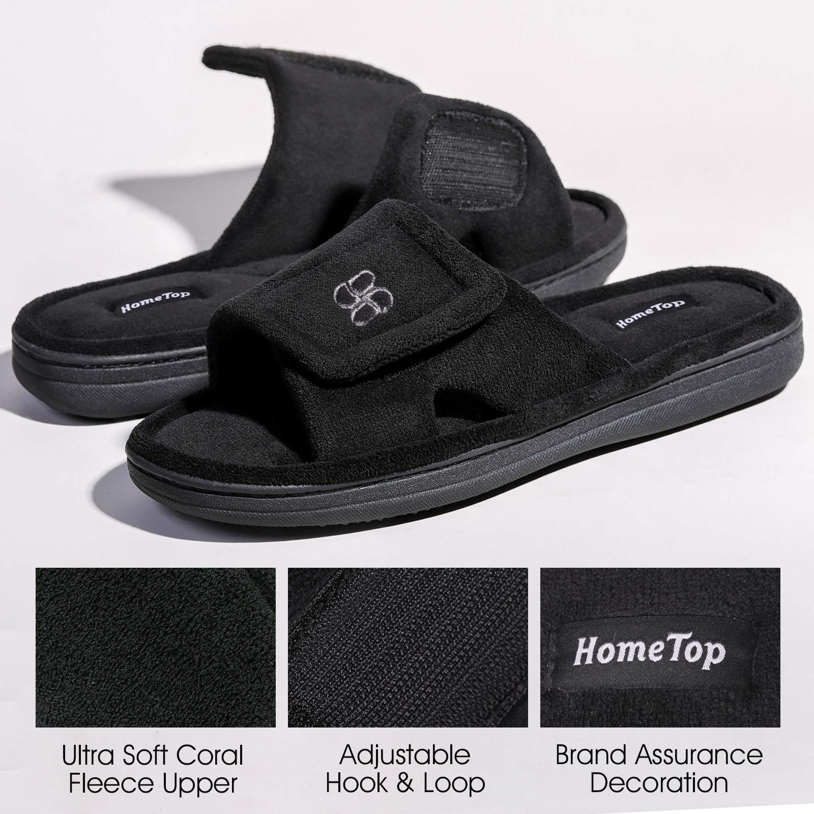 HomeTop Men's Comfortable Coral Velvet Memory Foam Open Toe Slipper Summer Indoor Outdoor Anti-Skid House Shoes with Adjustable Hoop and Loop(11-12, Black)