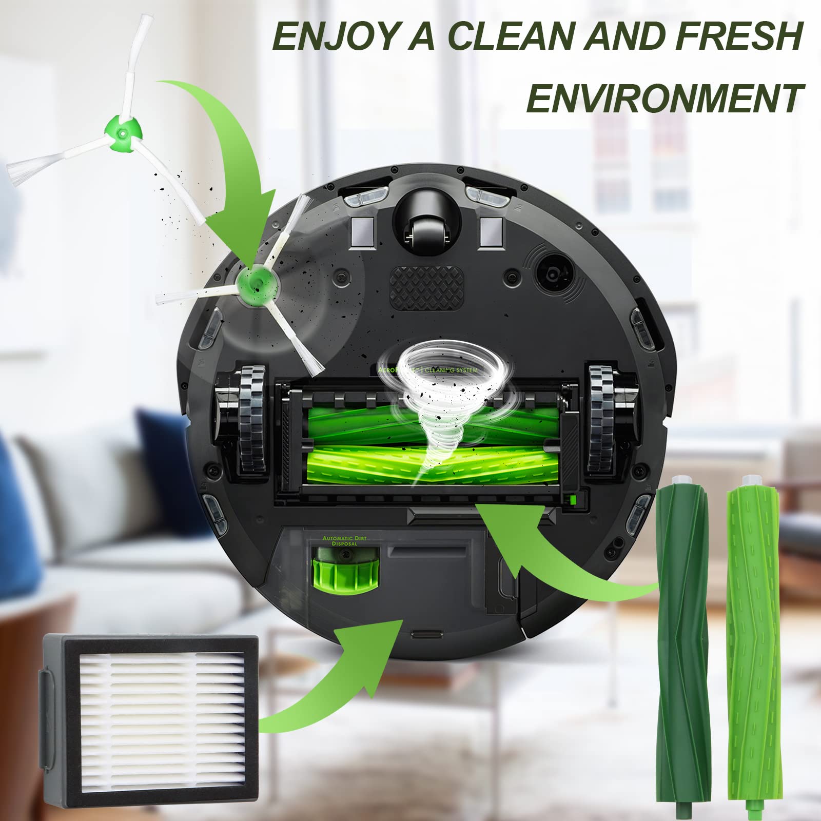 ZOCONE Replacement Parts accessories Compatible for iRobot Roomba E I & J Series E5 E6 E7 i7 i7+ i6 i6+ i4 i4+ i3 i3+ i2 i1 i1+, 1 Set Multi-Surface Rubber Brush, 5 Side Brushes and 5 HEPA Filters