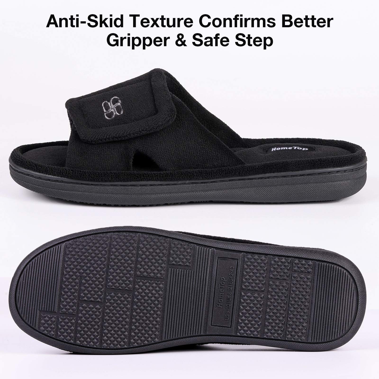 HomeTop Men's Comfortable Coral Velvet Memory Foam Open Toe Slipper Summer Indoor Outdoor Anti-Skid House Shoes with Adjustable Hoop and Loop(11-12, Black)