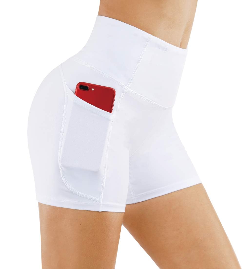 THE GYM PEOPLE High Waist Yoga Shorts for Women Tummy Control Fitness Athletic Workout Running Shorts with Deep Pockets (Large, White)