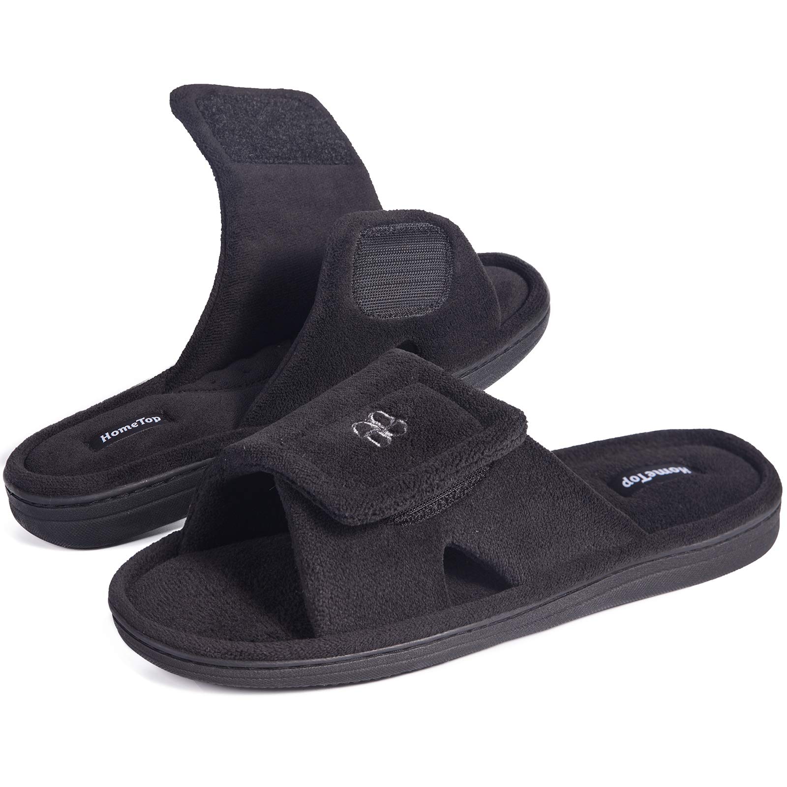 HomeTop Men's Comfortable Coral Velvet Memory Foam Open Toe Slipper Summer Indoor Outdoor Anti-Skid House Shoes with Adjustable Hoop and Loop(11-12, Black)