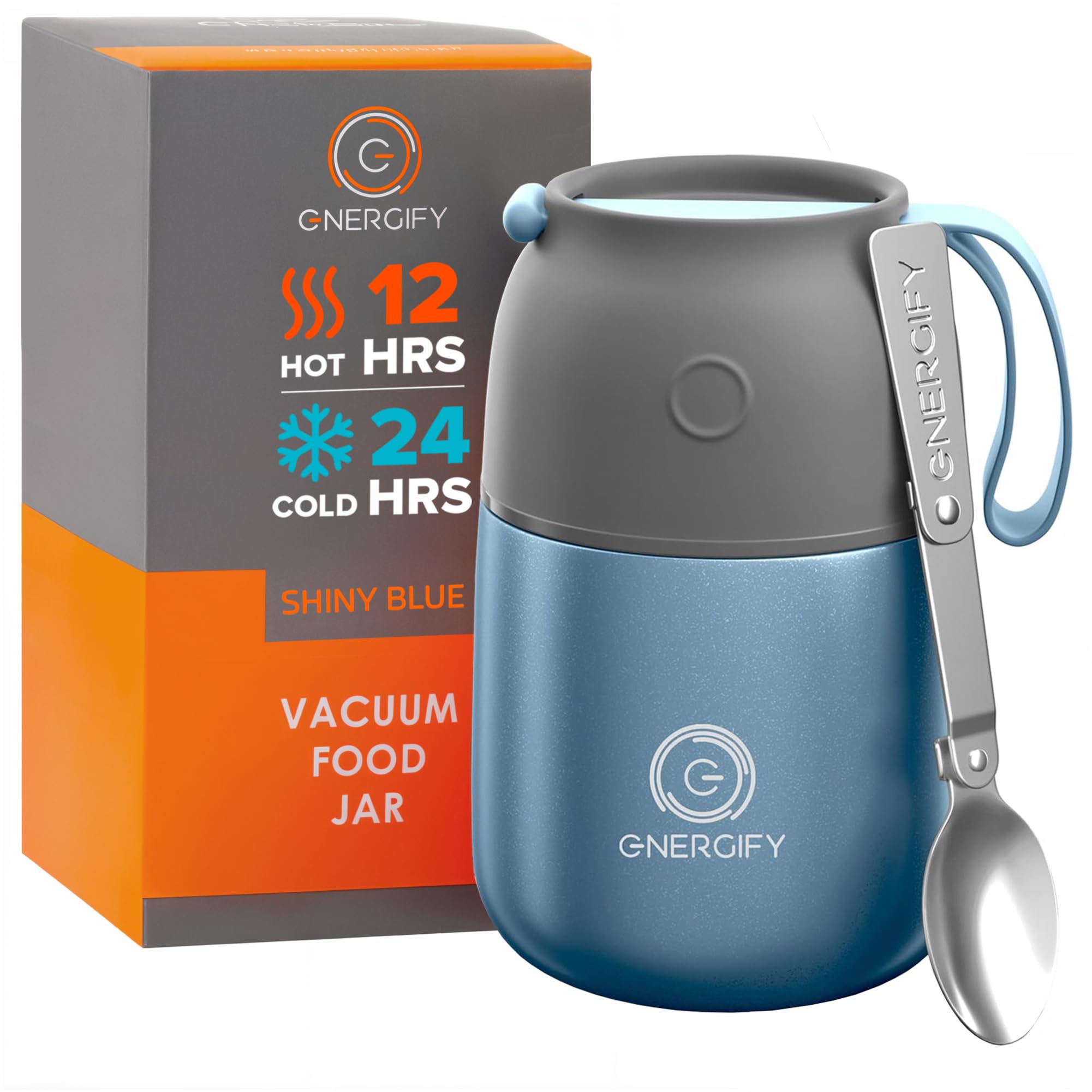 ENERGIFY Vacuum Insulated Food Jar Wide Mouth 17 Oz Soup Thermo with Folding Spoon - Thermal Lunch Containers for Kids & Adults - Leak Proof Stainless Steel Thermos for Hot Food Keep 12H and Cold 24H