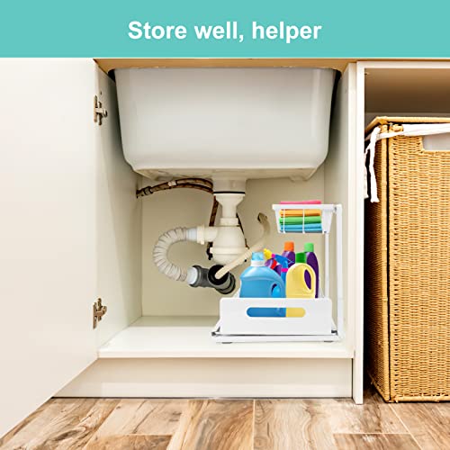 JOLIXIEYE Under Sink Organizer 2 Tier Under Kitchen Sink Organizer Pull Out Cabinet Organizer Multi-Purpose Under Cabinet Storage with Sliding Out for Laundry Bathroom Kitchen,White
