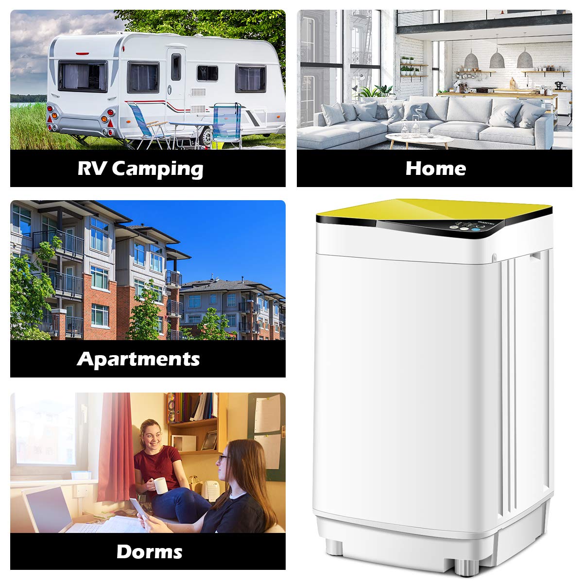 Giantex Full-Automatic Washing Machine Portable Washer and Spin Dryer 7.7lbs Capacity Compact Laundry Washer with Built-in Barrel Light Drain Pump and Long Hose for Apartments Camping (White & Yellow)