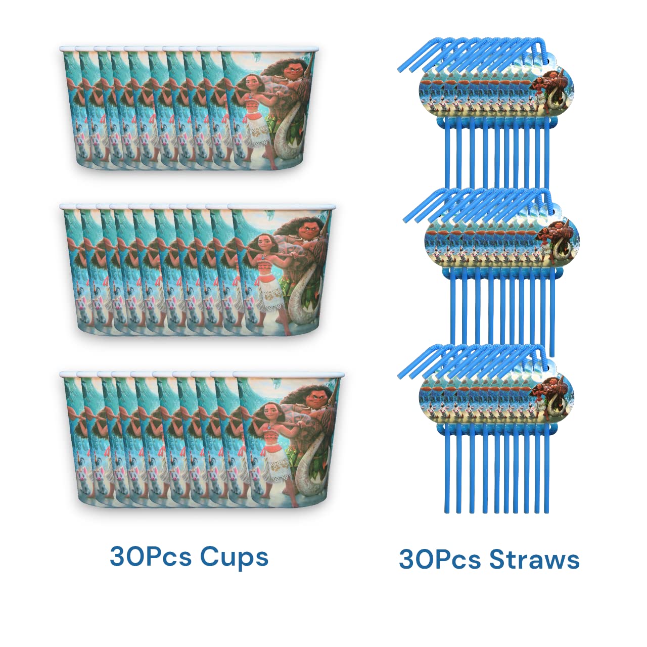 30pcs Moana Cup (9oz) with 30pcs Moana Straws | Great for Moana Birthday Party | Moana Party Tableware.