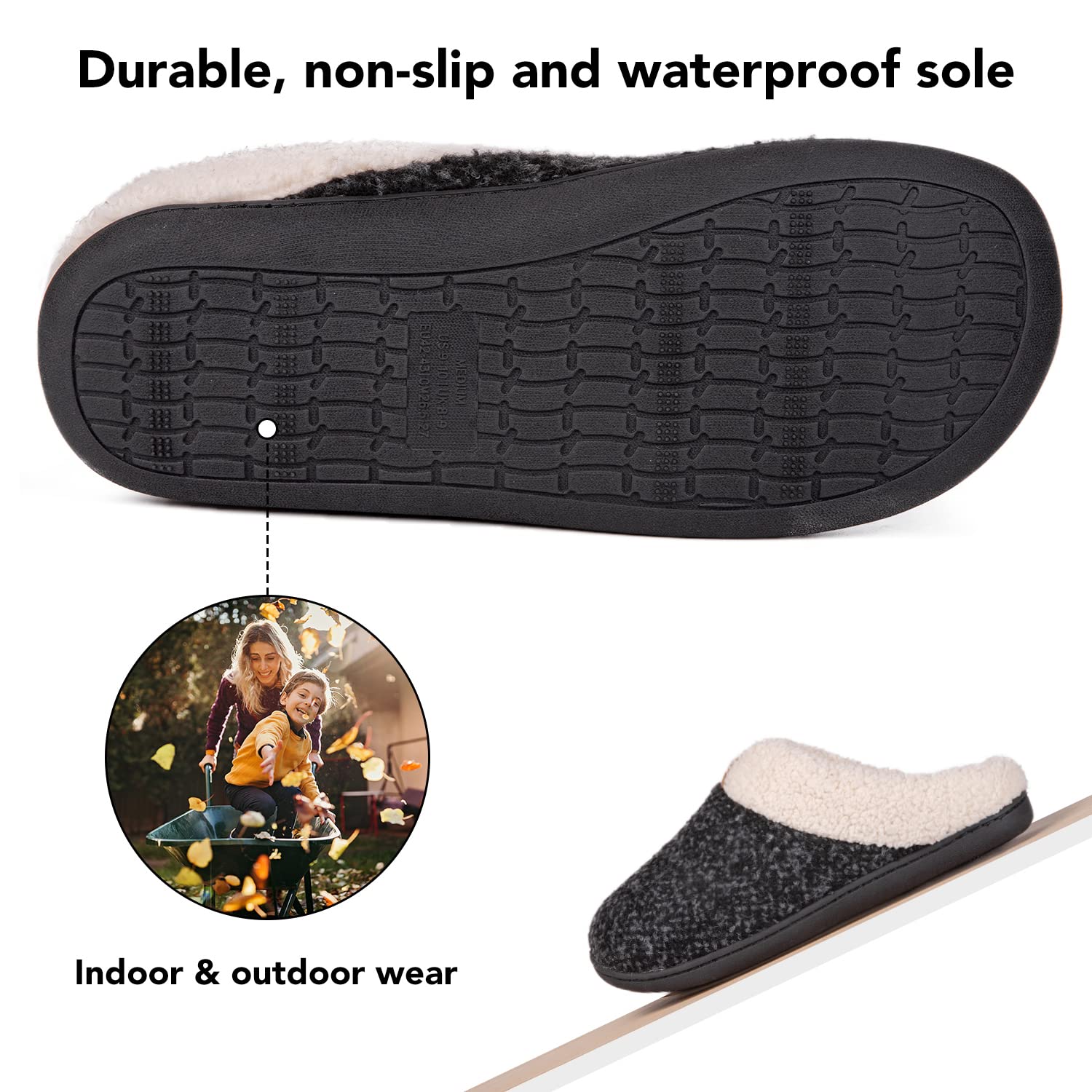 VeraCosy Men's Comfort Memory Foam Slippers Wool-Like Plush Fleece Lined House Shoes w/Indoor, Outdoor Durable Rubber Sole (Space Black,11-12 US)