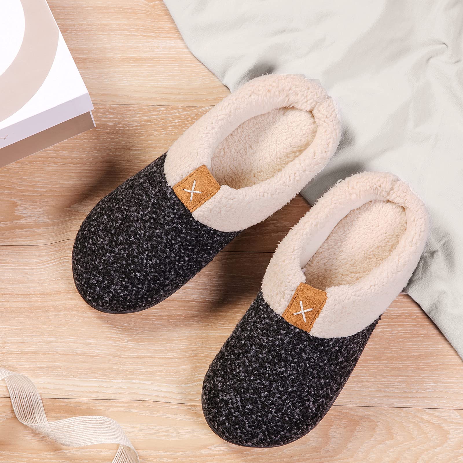 VeraCosy Men's Comfort Memory Foam Slippers Wool-Like Plush Fleece Lined House Shoes w/Indoor, Outdoor Durable Rubber Sole (Space Black,11-12 US)