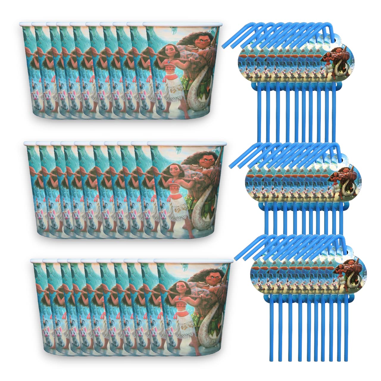 30pcs Moana Cup (9oz) with 30pcs Moana Straws | Great for Moana Birthday Party | Moana Party Tableware.