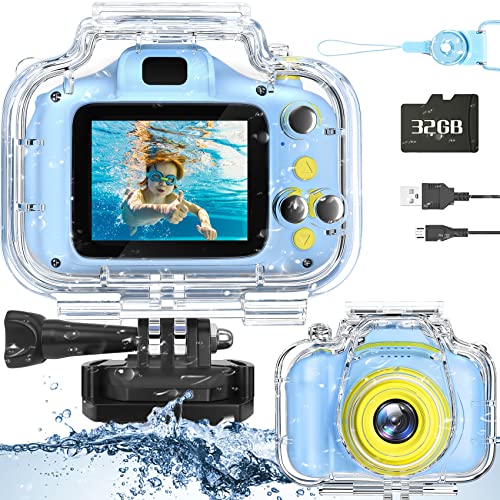 Miiulodi Kids Waterproof Camera - Birthday Gifts for 3 4 5 6 7 8 9 10 Year Old Boys 2 Inch IPS Screen Underwater Action Camera with 32 GB SD Card, Pool Toys for Kids Age 8-12 Blue
