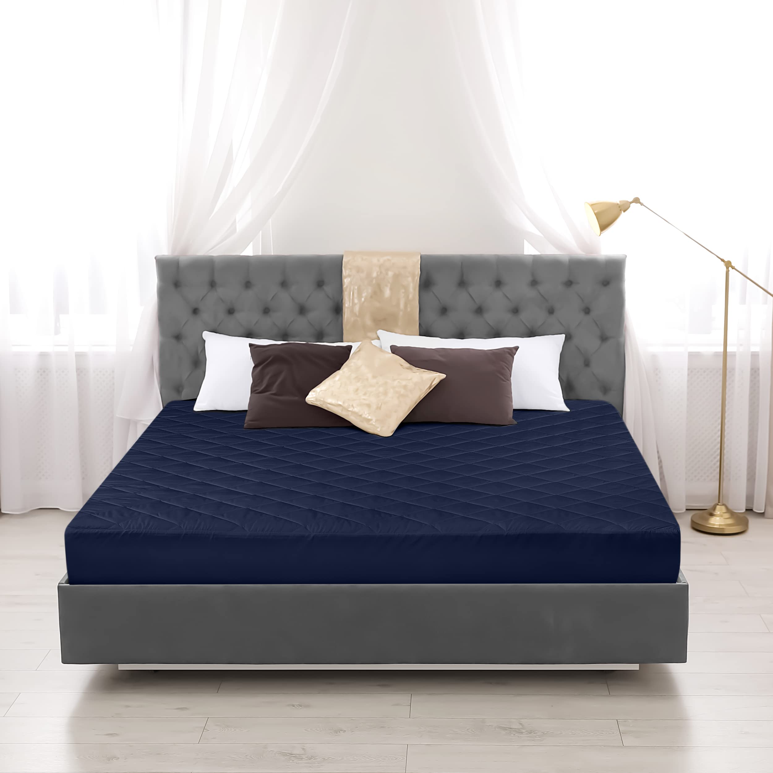 Utopia Bedding Quilted Fitted Mattress Pad, Queen Size, Elastic Fitted Mattress Topper Protector and Cover Stretches up to 16 Inches Deep, Machine Washable (Navy)