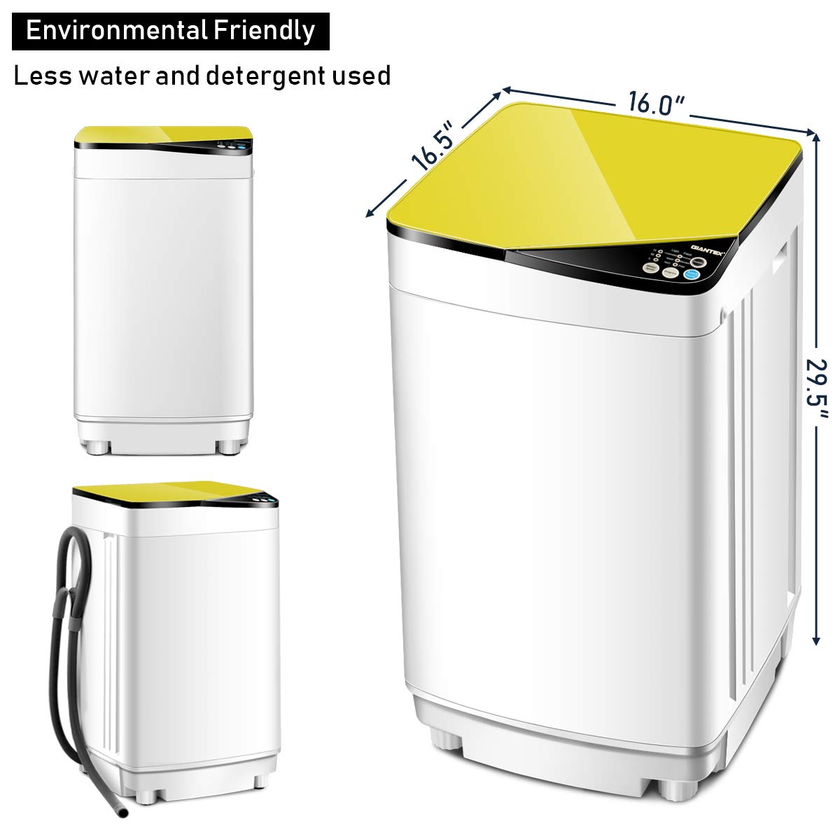 Giantex Full-Automatic Washing Machine Portable Washer and Spin Dryer 7.7lbs Capacity Compact Laundry Washer with Built-in Barrel Light Drain Pump and Long Hose for Apartments Camping (White & Yellow)