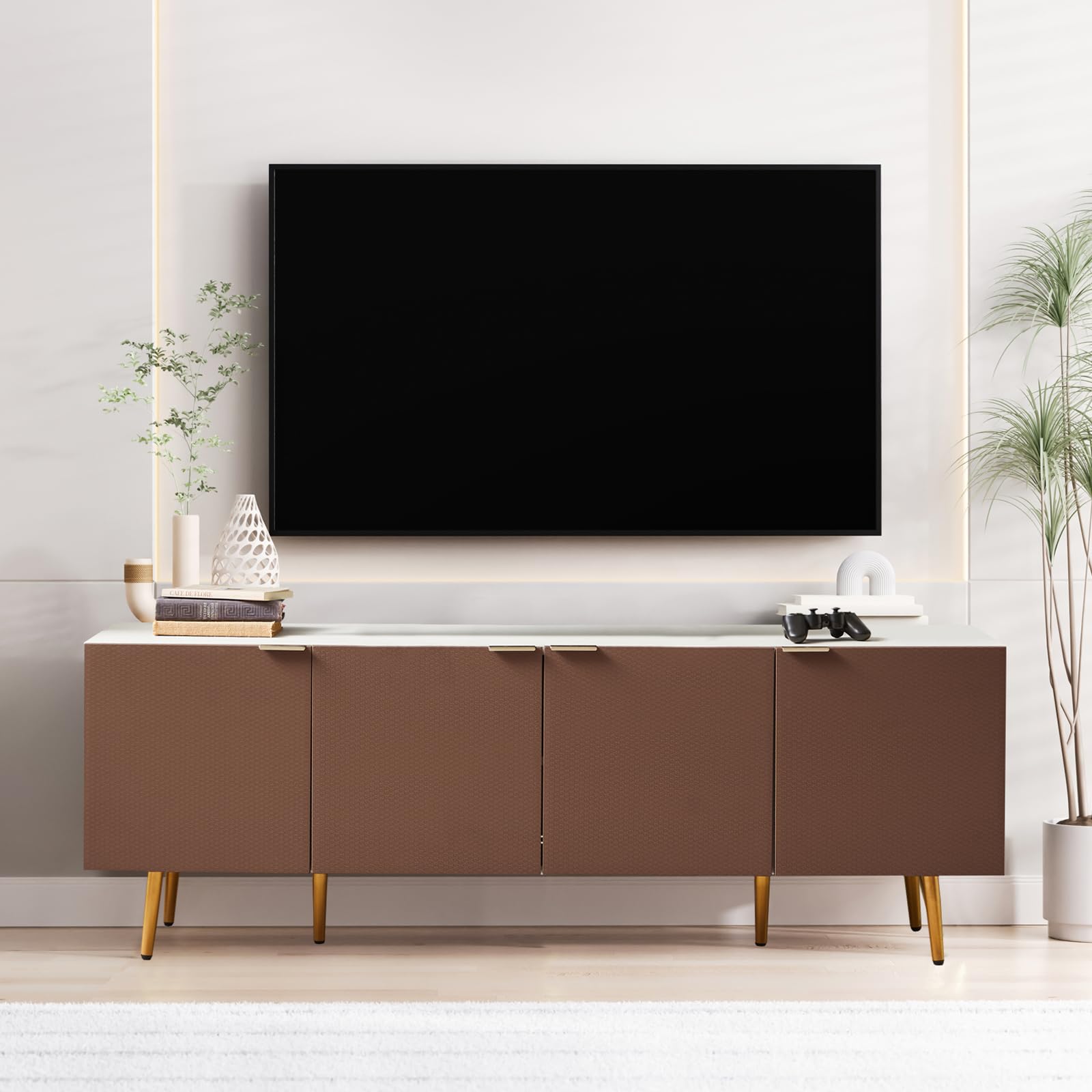 Vliekcy TV Stand for 70 Inch TV, Media Entertainment Center Console Table with Leaf Patterns Doors, Wooden TV Stand with Storage Cabinet for Media Room, Living Room-Cognac Tan & White