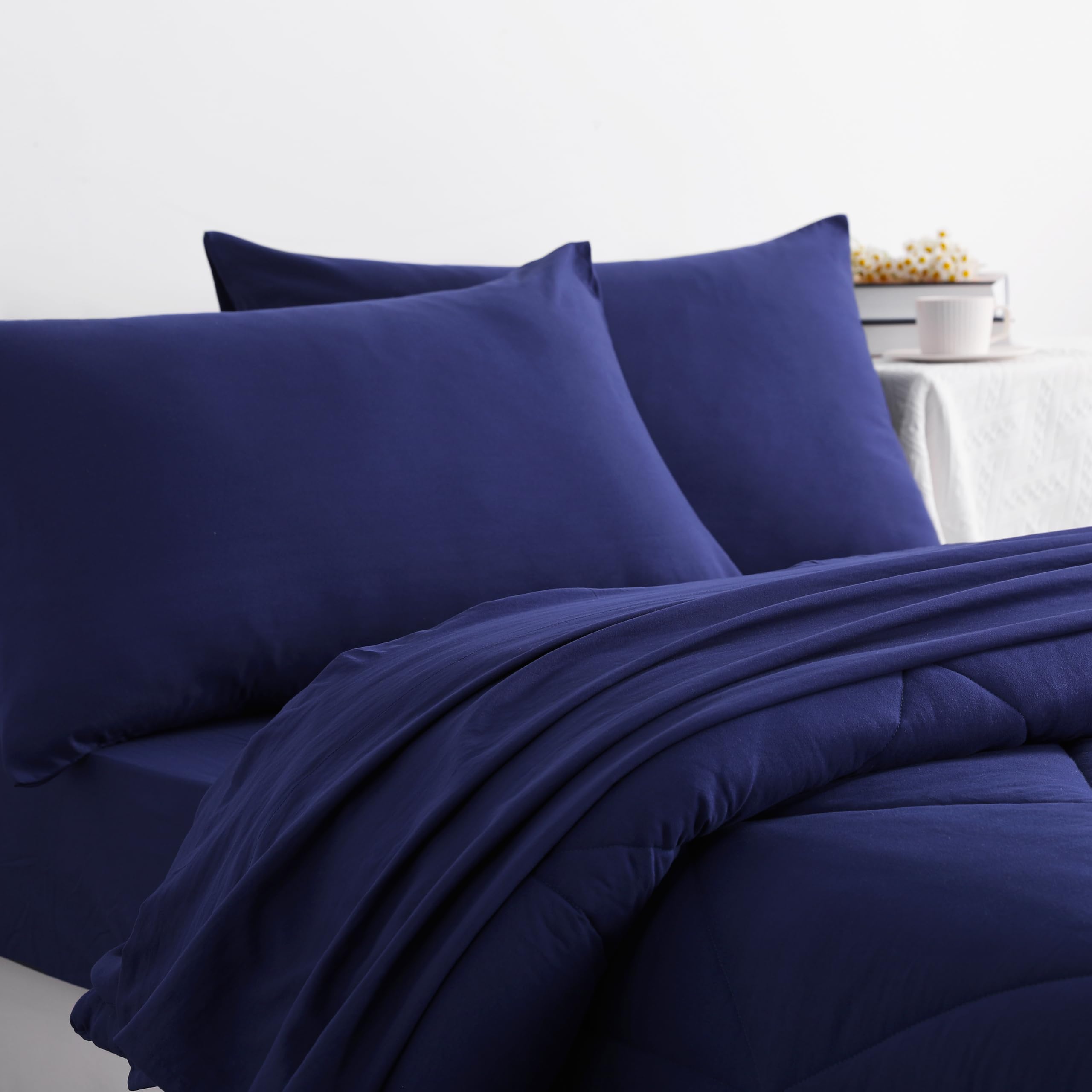 NTBAY Twin Comforter Set with Sheets, 5 Pieces Soft and Breathable Twin Bedding Set, Twin Bed in a Bag, Down Alternative Comforter Set Solid Color All Season, Kids Bedding Set, Navy Blue