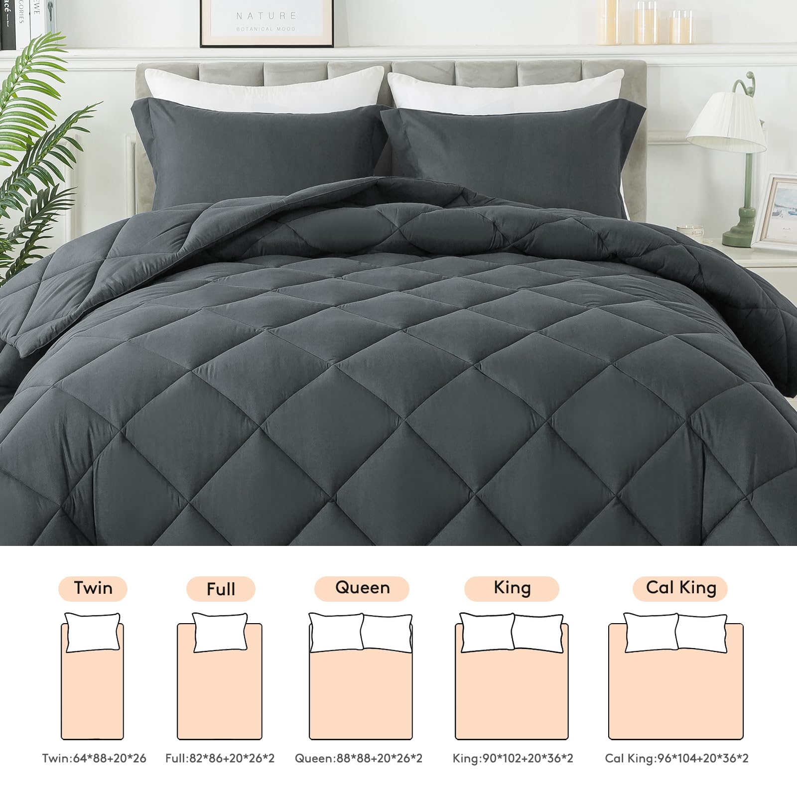 HYLEORY Twin Size Comforter Set with 1 Pillow Sham - Down Alternative Bed Comforters Bedding Sets for All Season - Lightweight - Machine Washable - Dark Grey