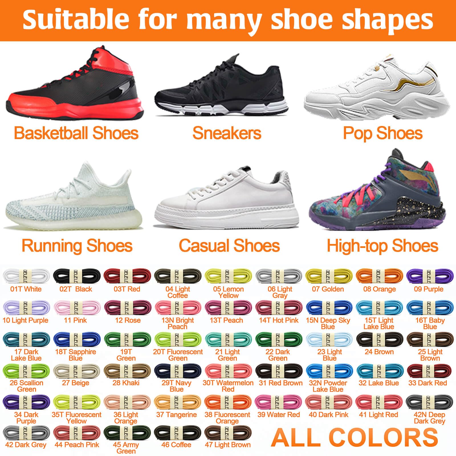 DELELE 2Pair Oval Shoes laces 42 Colors Half Round 1/4" Athletic ShoeLaces for Sport/Running Shoes Shoe Strings White -45 inch