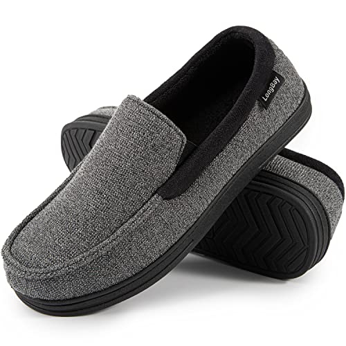 LongBay Men's Cozy Moccasin Slippers Loafer House Shoes with Memory Foam and Rubber Sole for Indoor Outdoor (12 D(M), Light Gray)