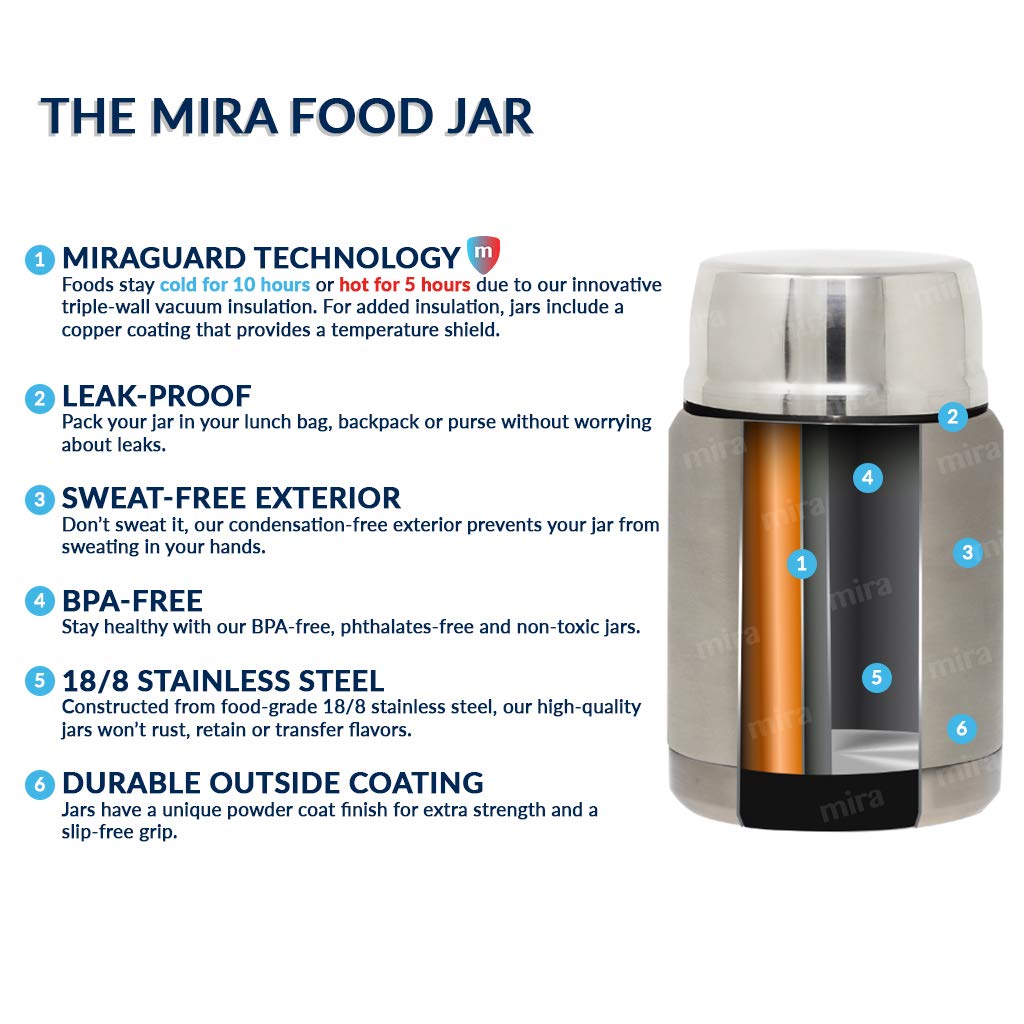 MIRA 15 oz Insulated Food Thermos for hot and cold foods - Leak-Proof Stainless Steel Container with Spoon - Pearl Blue