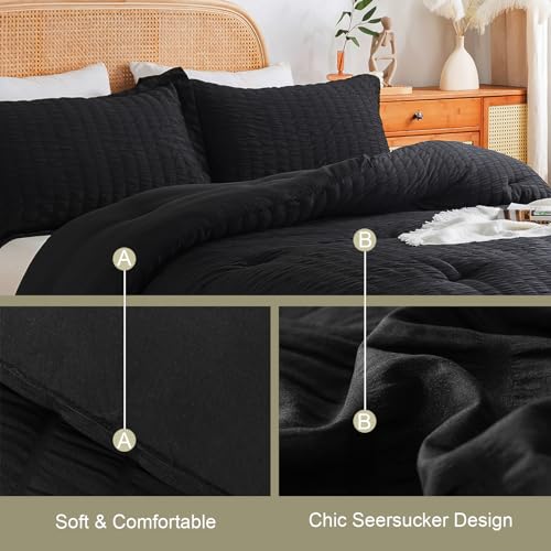 Cosybay Twin Comforter Set - 2 Pieces Seersucker Bedding Comforter Set, Black Down Alternative Comforter Set for All Season, 1 Comforter (64"x88") and 1 Pillow Shams (20"x26"+2")