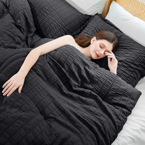 Cosybay Twin Comforter Set - 2 Pieces Seersucker Bedding Comforter Set, Black Down Alternative Comforter Set for All Season, 1 Comforter (64"x88") and 1 Pillow Shams (20"x26"+2")
