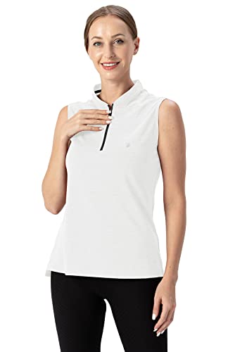 YSENTO Women's Golf Clothes Apparel Shirts Outfits Sleeveless 1/4 Zip Collarless Dry Fit UPF 50+ Tennis Polo Tank Tops White Size L