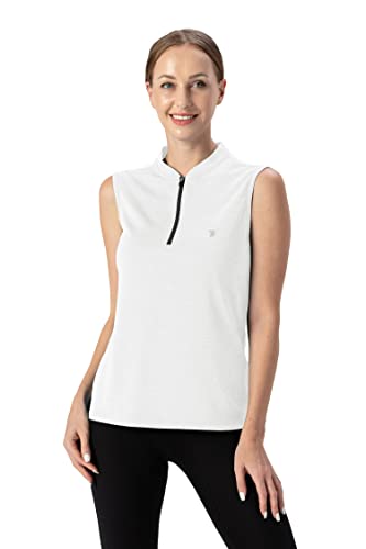 YSENTO Women's Golf Clothes Apparel Shirts Outfits Sleeveless 1/4 Zip Collarless Dry Fit UPF 50+ Tennis Polo Tank Tops White Size L