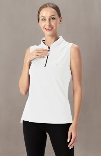 YSENTO Women's Golf Clothes Apparel Shirts Outfits Sleeveless 1/4 Zip Collarless Dry Fit UPF 50+ Tennis Polo Tank Tops White Size L