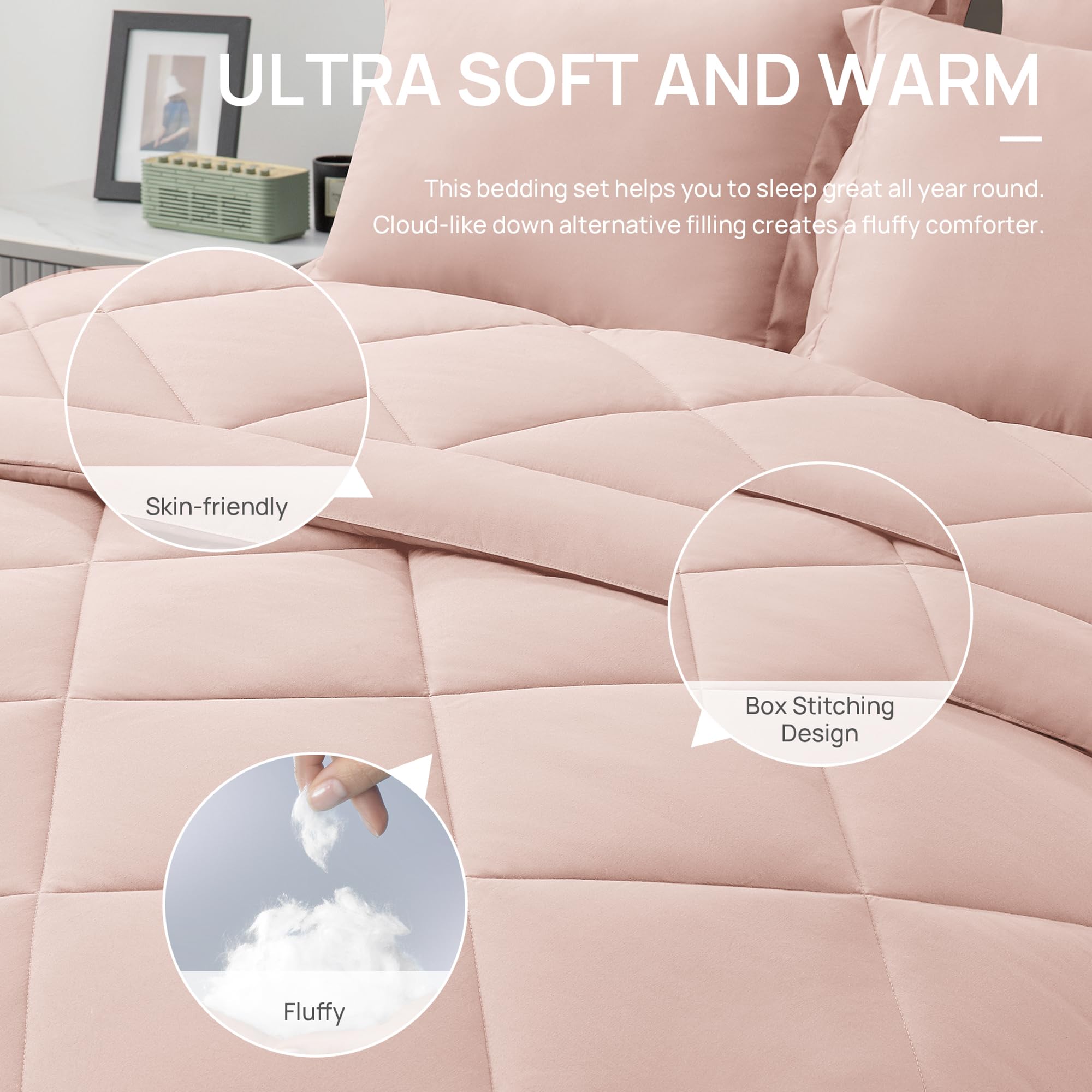 Love's cabin Twin Comforter Set Pink, 5 Pieces Twin Bed in a Bag, All Season Twin Bedding Sets with 1 Comforter, 1 Flat Sheet, 1 Fitted Sheet, 1 Pillowcase and 1 Pillow Sham