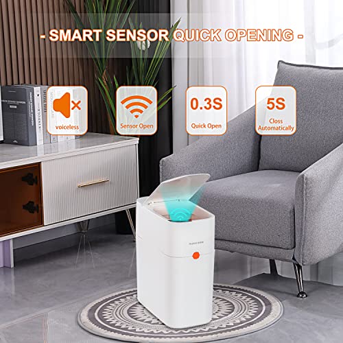 MOPUP Touchless Bathroom Trash Can, Automatic Garbage Can for Bedroom,Office Motion Sensor Trash Bin,3.5 Gallon Dogproof Plastic Slim Wastebasket for Toilet, RV,Living Room, White