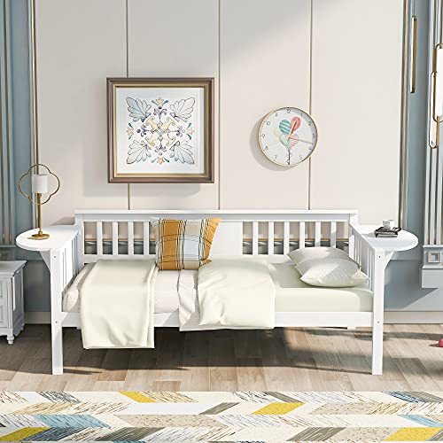 EPESTOEC Twin Size Daybed with Foldable Shelves on Both Sides,Wooden Sofa Bed for Bedroom Living Room/Apartment/Guest Room/Bedroom, White