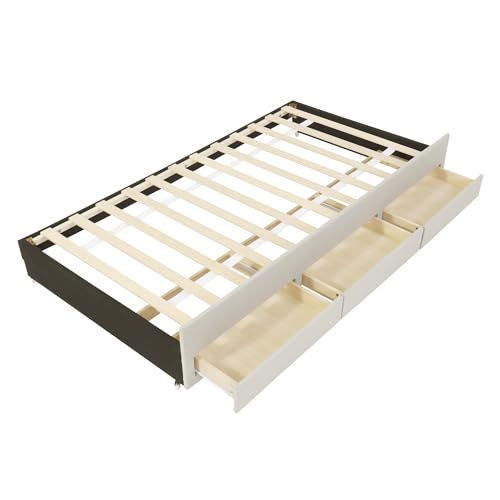 Twin Size Upholstered Platform Bed with Trundle and 3 Drawers, Linen Fabric Platform Bed with Headboard and Wooden Slat Support for Kids Boys Girls Teens, Easy Assembly (Beige + Linen-N11)