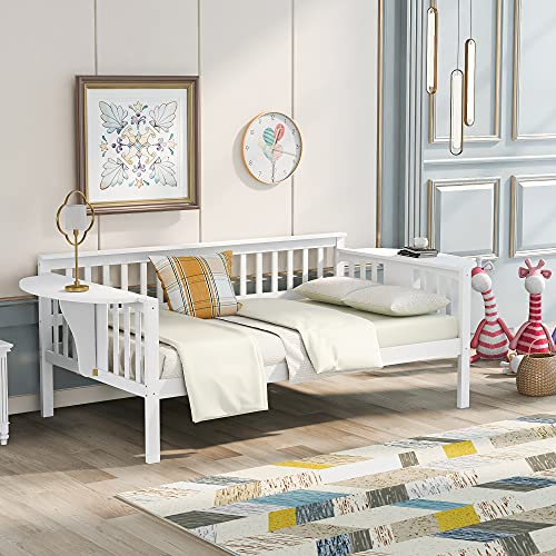 EPESTOEC Twin Size Daybed with Foldable Shelves on Both Sides,Wooden Sofa Bed for Bedroom Living Room/Apartment/Guest Room/Bedroom, White