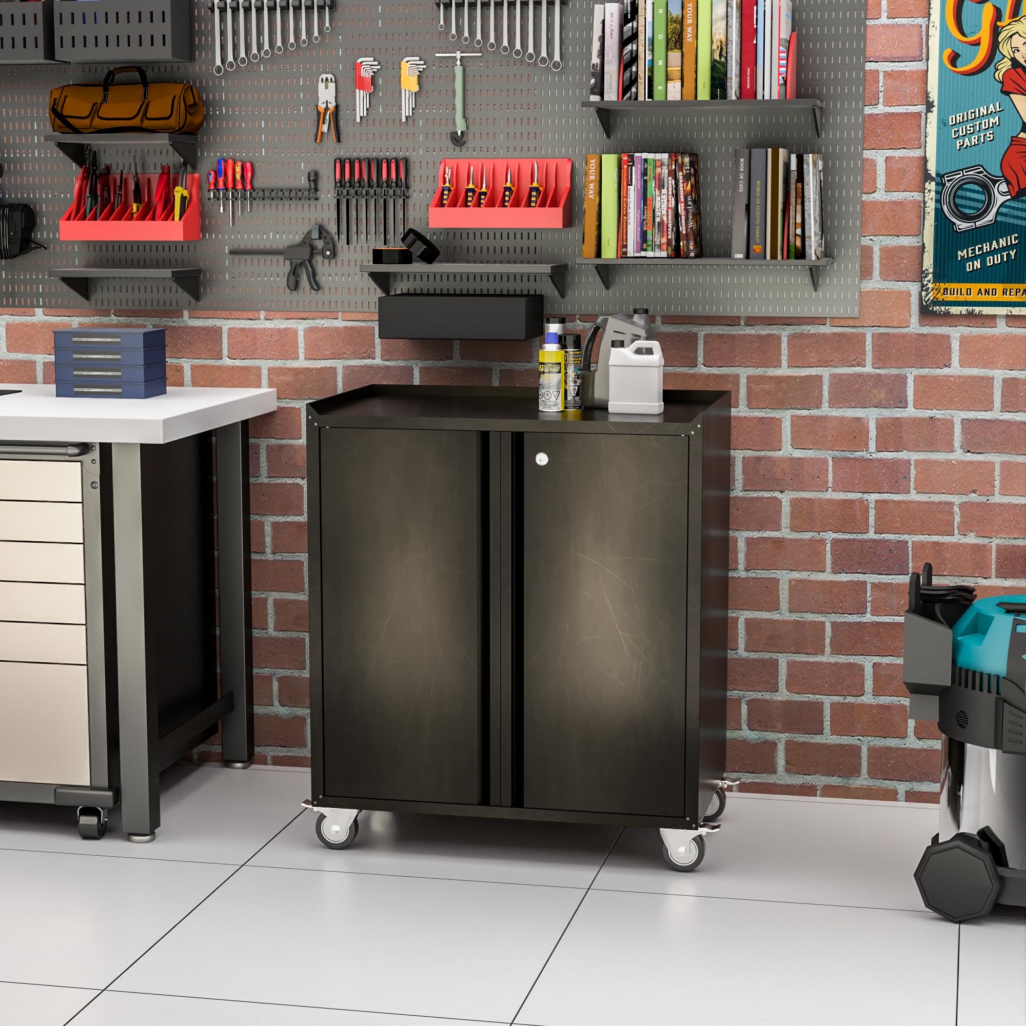 35.4" H Tool Storage Cabinet with 2 Locking Doors, Metal Garage Storage Cabinet with Wheels and Shelf for Home, Garage, Warehouse, Basement, Vintage