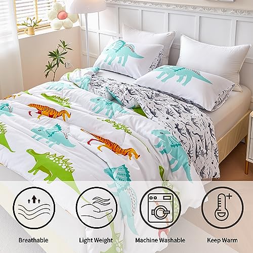 RYNGHIPY Dinosaur Comforter Set for Kids Boys Girls Dinosaur Bedding Set with 2 Pillowcases Soft Breathable Microfiber Comforter Sets for All Season (White,Twin)