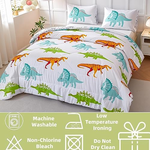 RYNGHIPY Dinosaur Comforter Set for Kids Boys Girls Dinosaur Bedding Set with 2 Pillowcases Soft Breathable Microfiber Comforter Sets for All Season (White,Twin)
