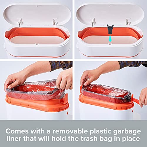 Modern Trash Can with Lid - Oval Slim Bathroom Trash Can w/ Automatic Push Open Cover - Touchless Waste Basket w/ Drawstring Plastic Trash Bag - 13.6x5.9x13.4in White Trash Can - Waterproof Trash Bin